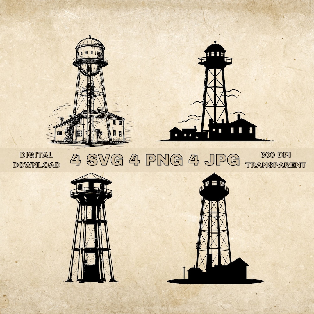 Water Tower SVG Bundle, PNG, Water Tower Clipart, Hand Drawn Water ...