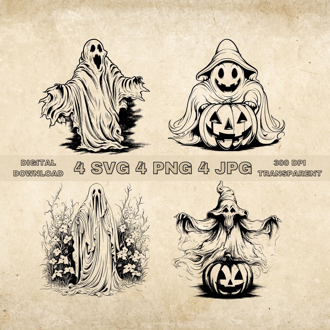 Ghost SVG Bundle, PNG, Halloween Clipart, Hand Drawn Ghosts With ...