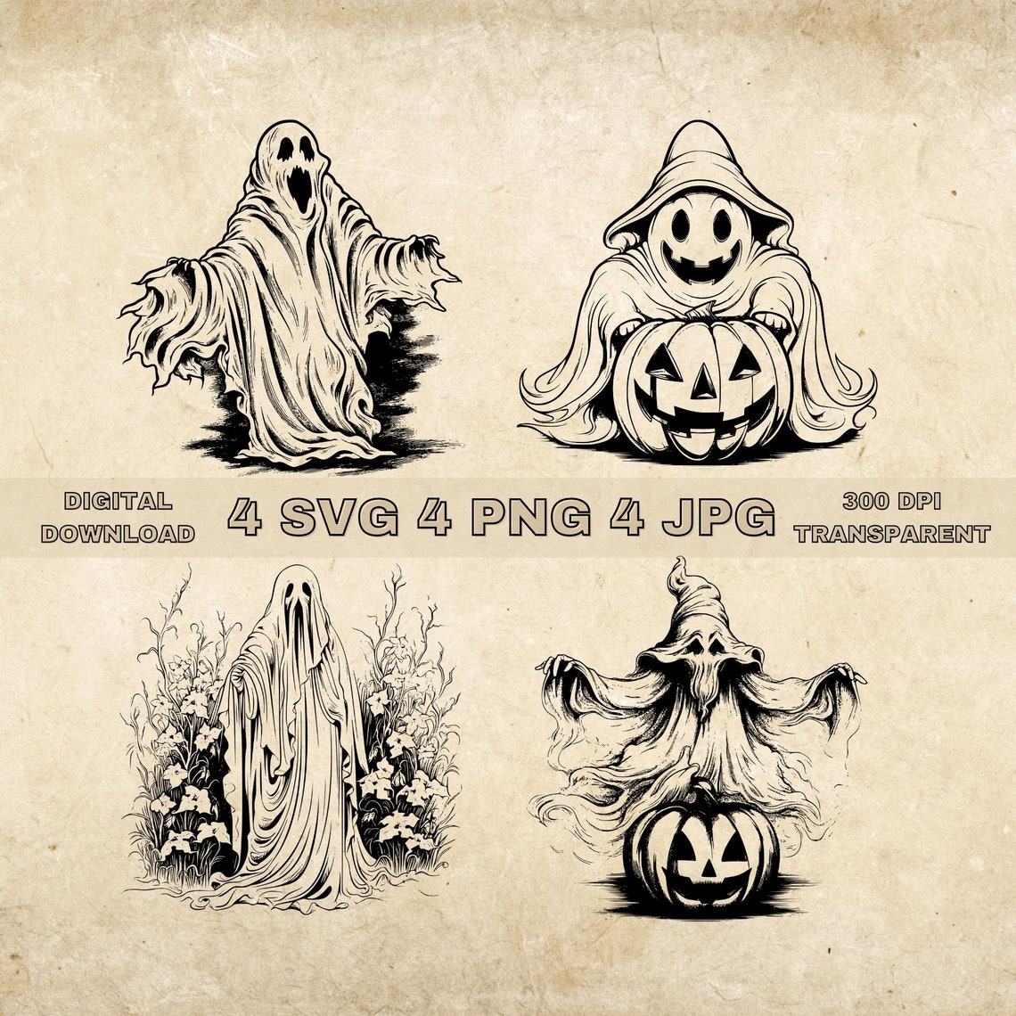 Ghost SVG Bundle, PNG, Clipart Halloween, fantômes dessinés à la main ...