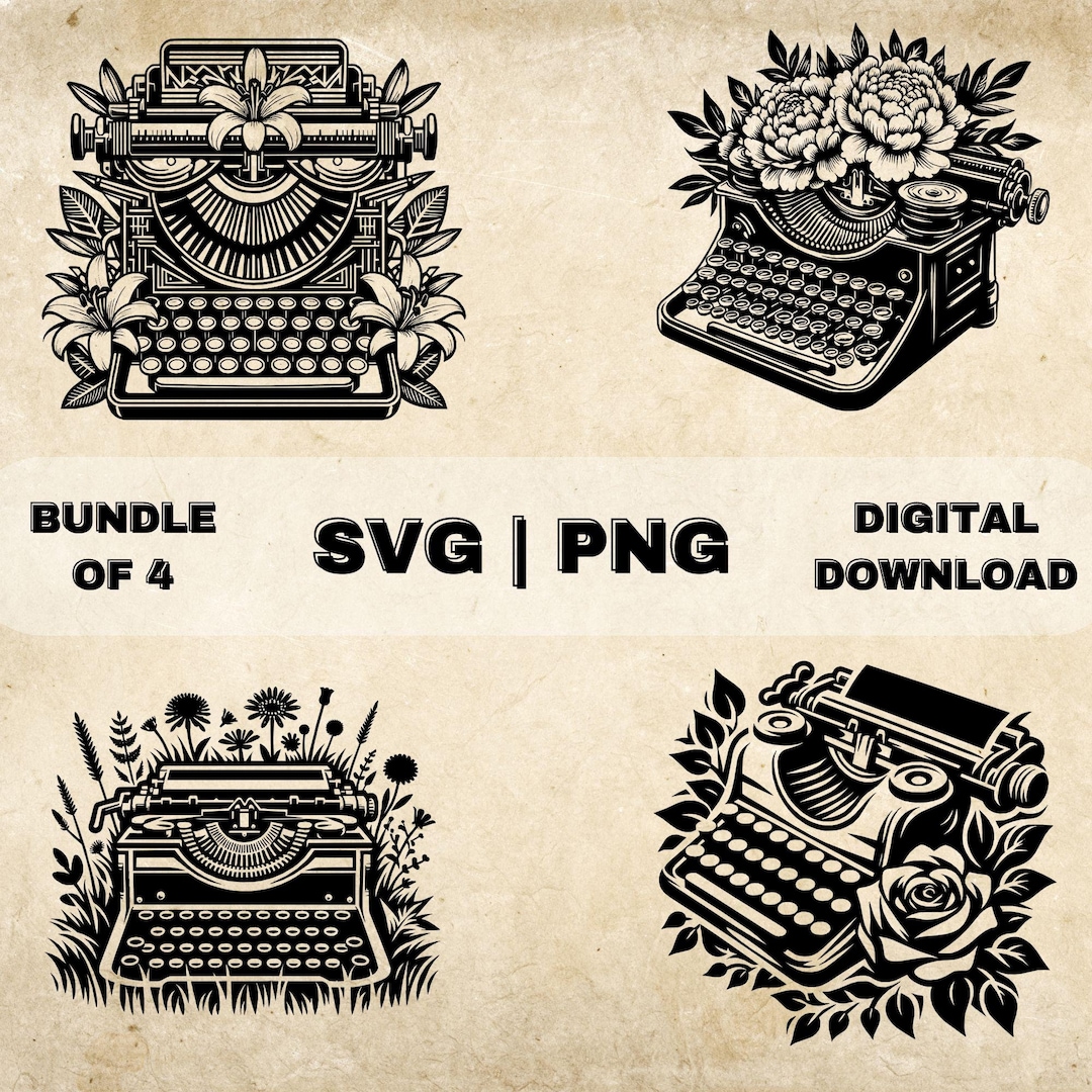Floral Typewriter SVG Bundle, PNG, Type Writer Clipart, Hand Drawn ...
