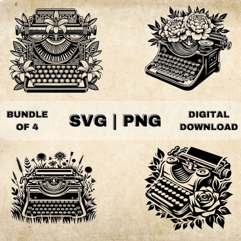 Floral Typewriter SVG Bundle, PNG, Type Writer Clipart, Hand Drawn ...