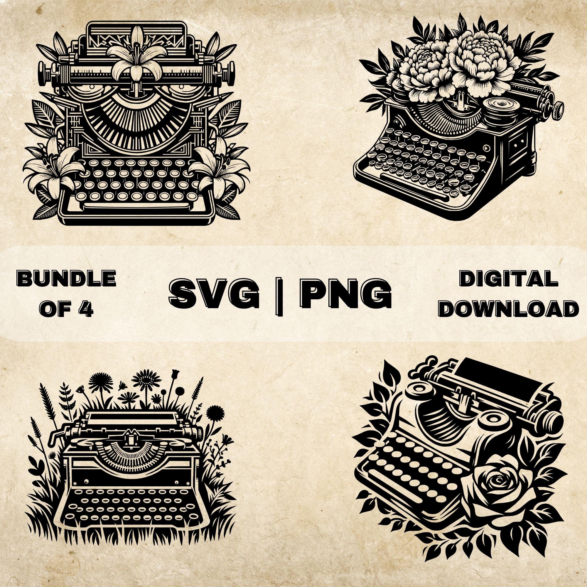 Floral Typewriter SVG Bundle, PNG, Type Writer Clipart, Hand Drawn ...