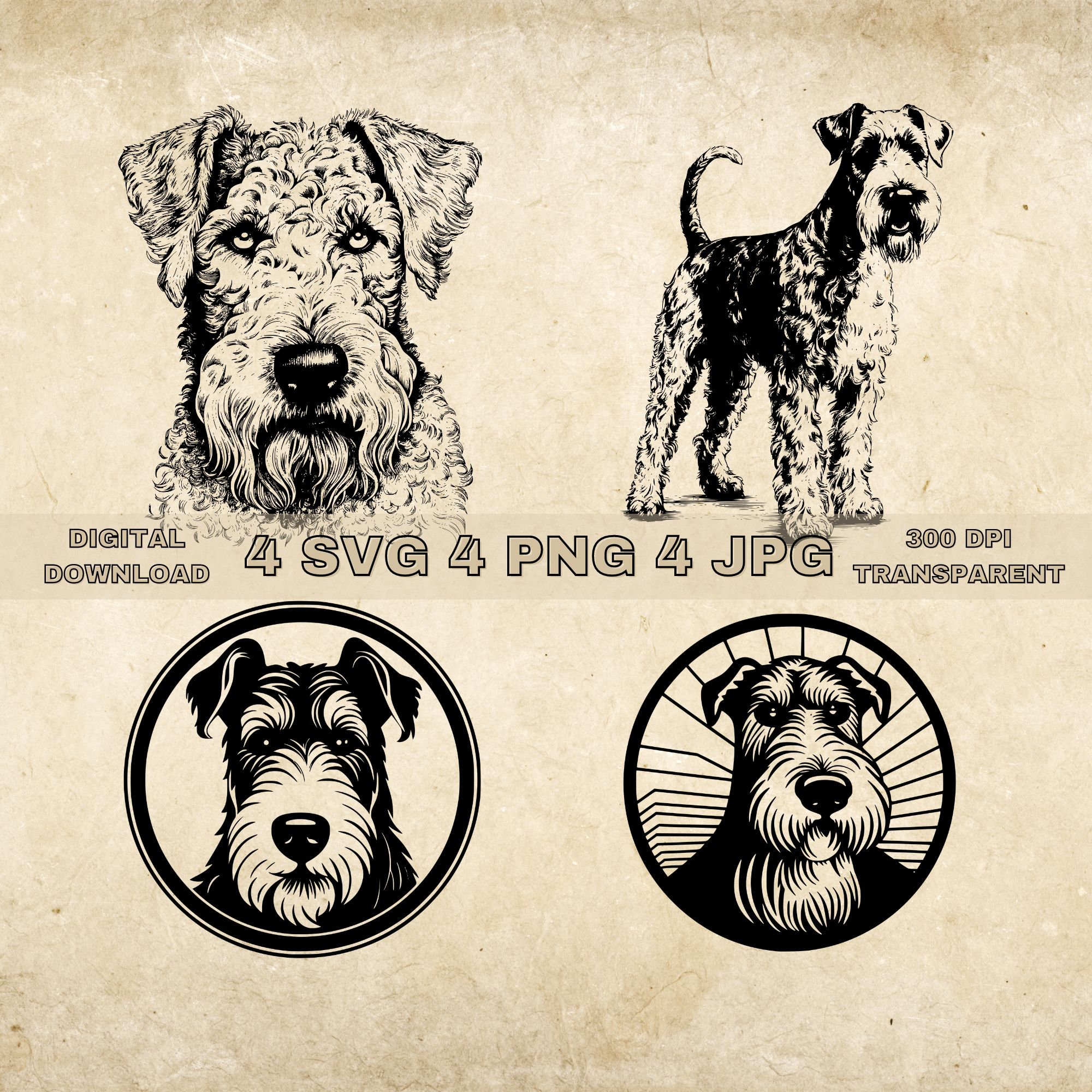 Airedale Terrier SVG Bundle, PNG, Dogs Clipart, Hand Drawn Dog Vector ...