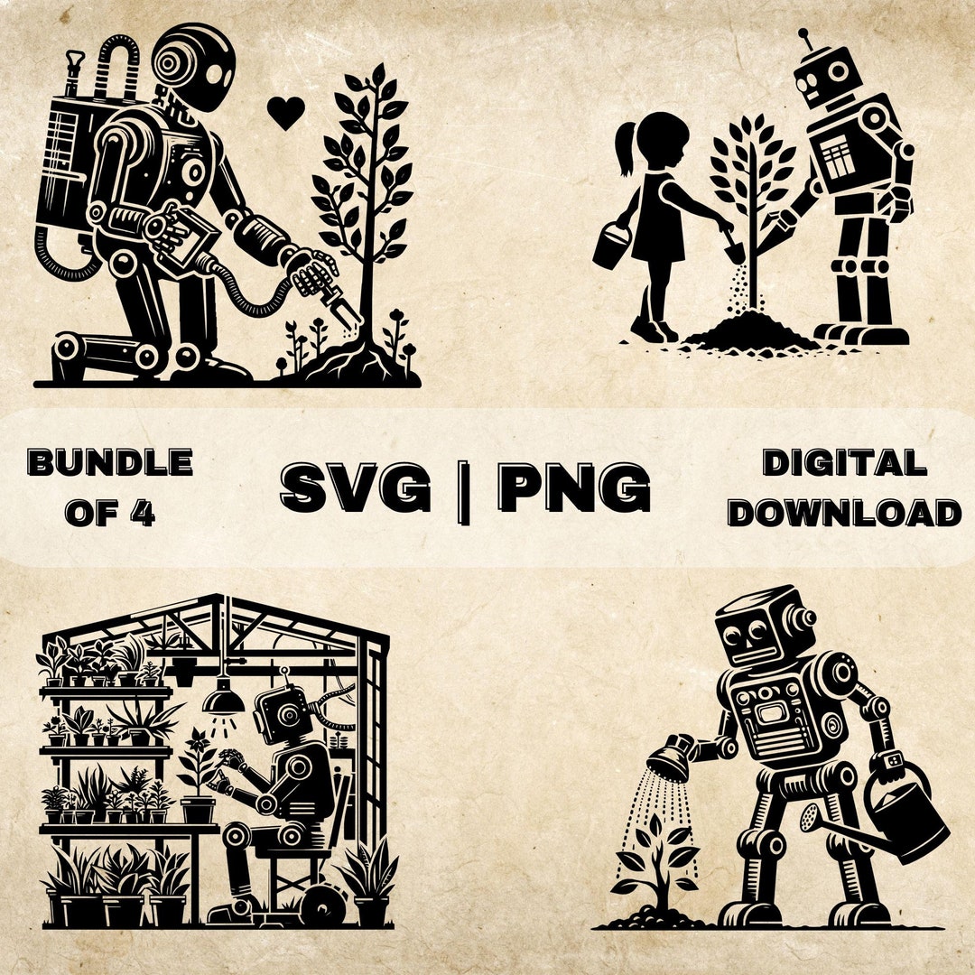 Robot Planting Trees SVG Bundle, PNG, Cute Robot Clipart, Hand Drawn ...