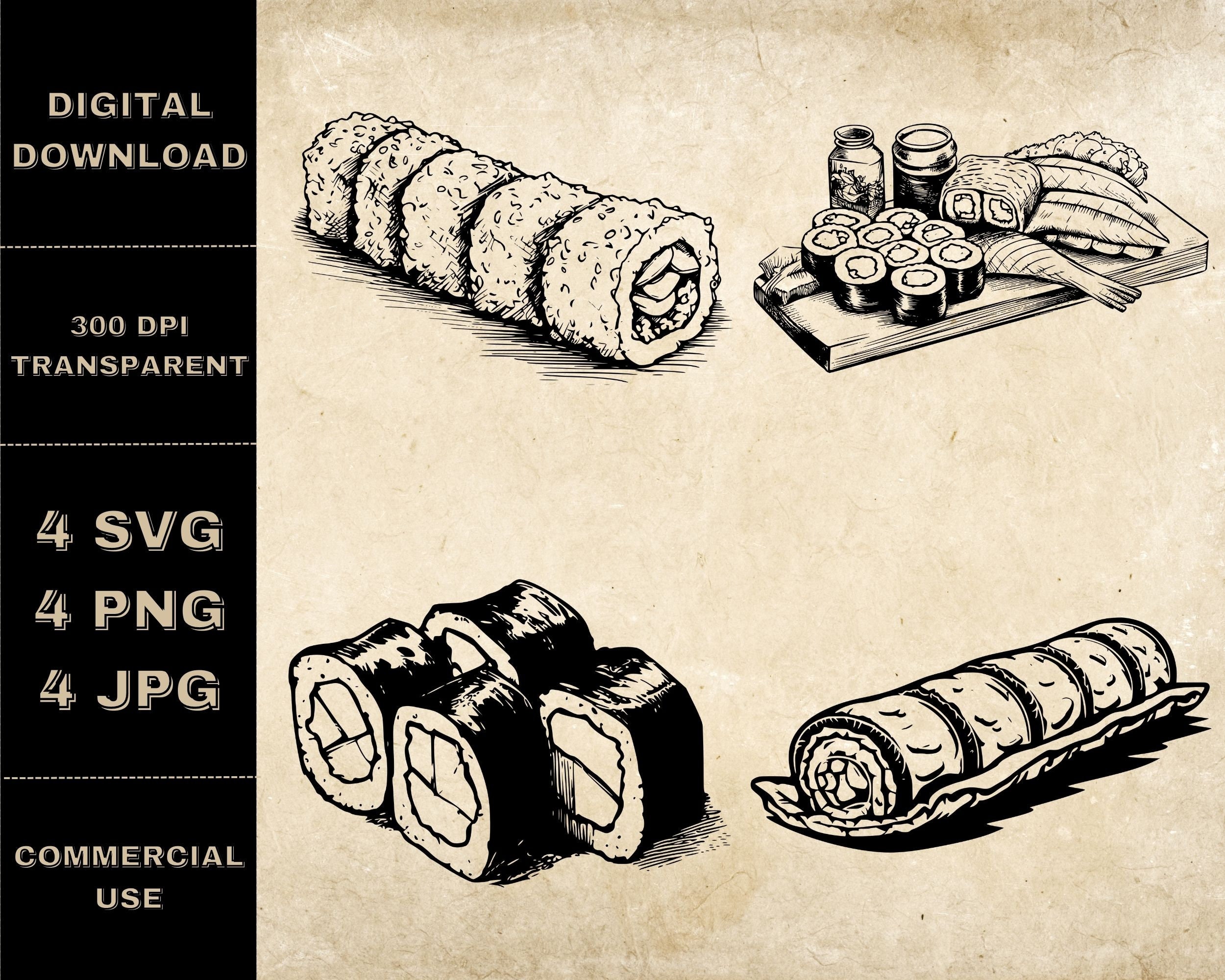 Sushi SVG Bundle, PNG, Japanese Food Clipart, Hand Drawn Sushi Vector ...