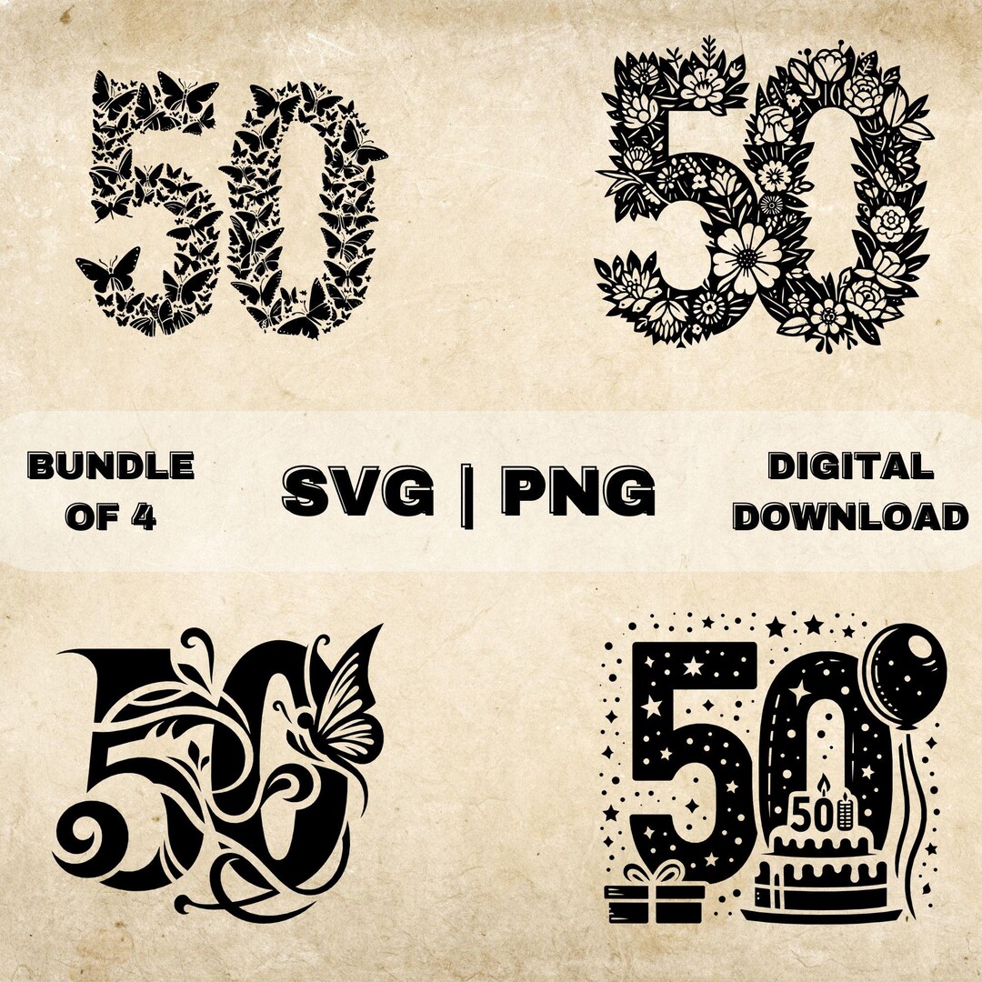 Number 50 SVG Bundle, 50th Birthday Clipart, Hand Drawn Fifty Themed ...