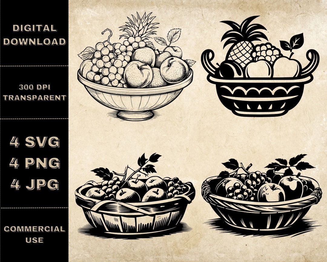 Fruit SVG Bundle, PNG, Fruit Basket Clipart, Hand Drawn Fruit Bowl ...