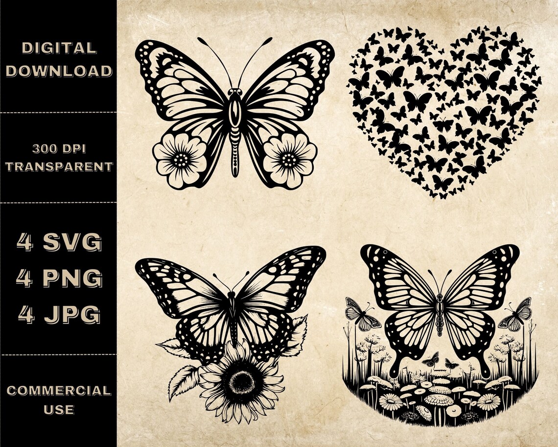 Butterfly SVG Bundle, PNG, Butterflies Clipart, Hand Drawn Floral ...