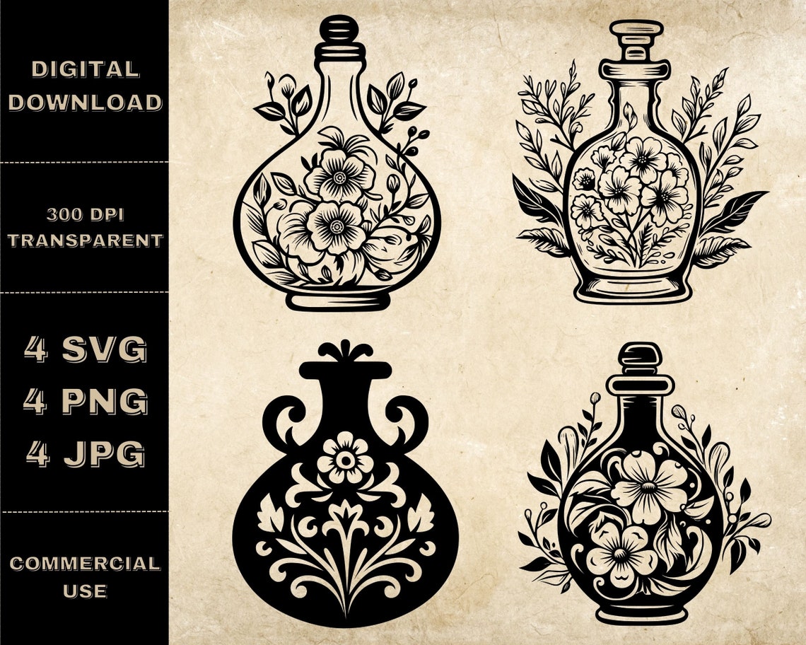 Floral Potion Bottle SVG Bundle, PNG, Potion Flower Clipart, Hand Drawn ...