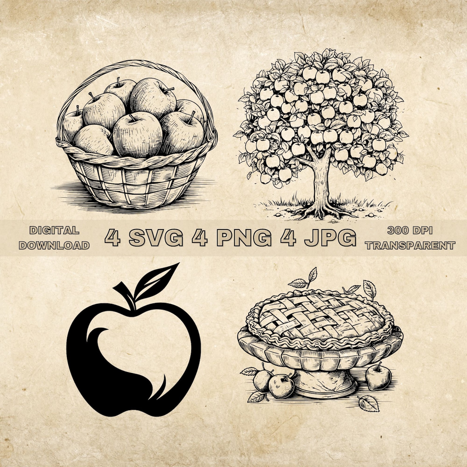 Apple SVG Bundle, PNG, Apples Clipart, Hand Drawn Apple Tree and Pie ...