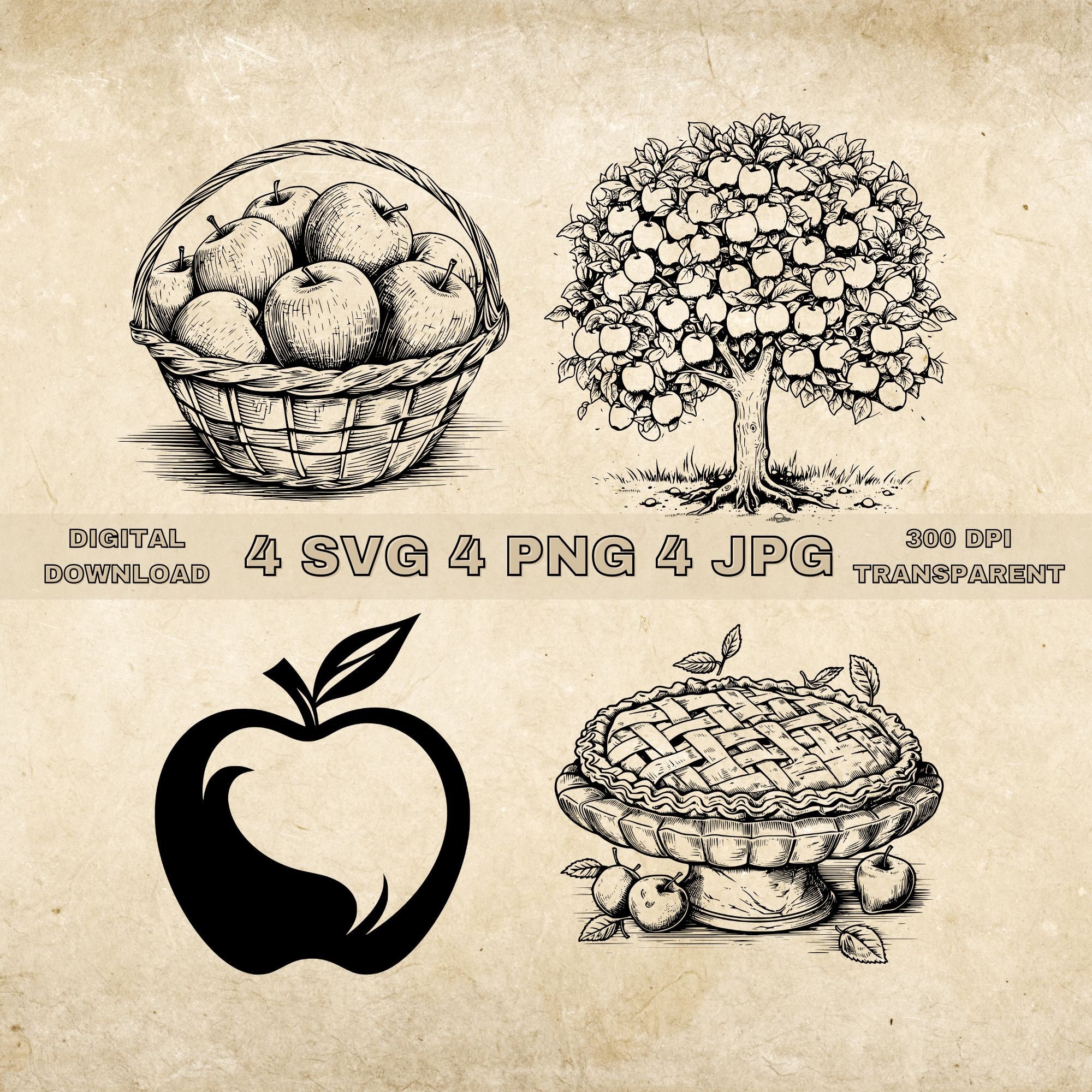 Apple SVG Bundle, PNG, Apples Clipart, Hand Drawn Apple Tree and Pie ...