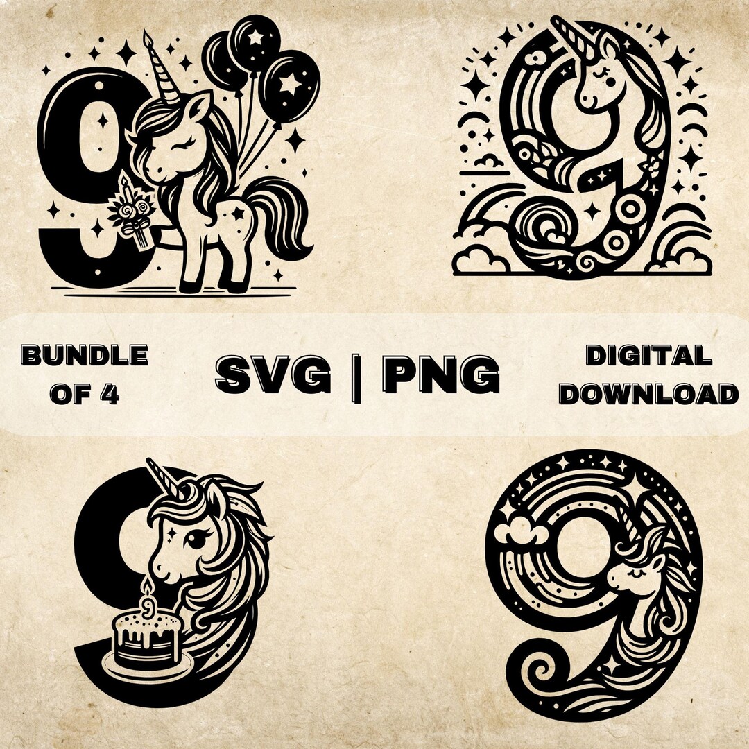 Unicorn 9th Birthday SVG Bundle, Ninth Birthday Clipart, Hand Drawn ...