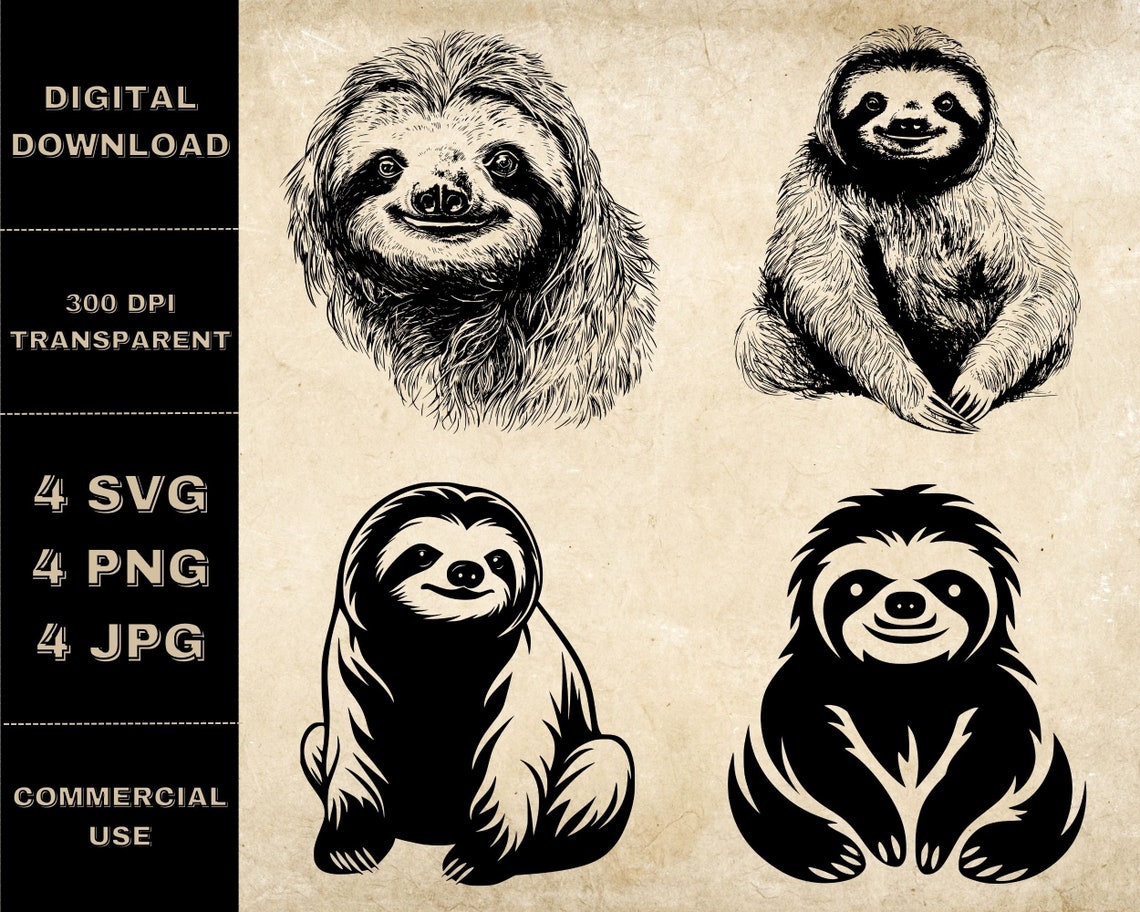 Sloth SVG Bundle PNG Sloth Clipart Hand Drawn Sloth Vector - Etsy