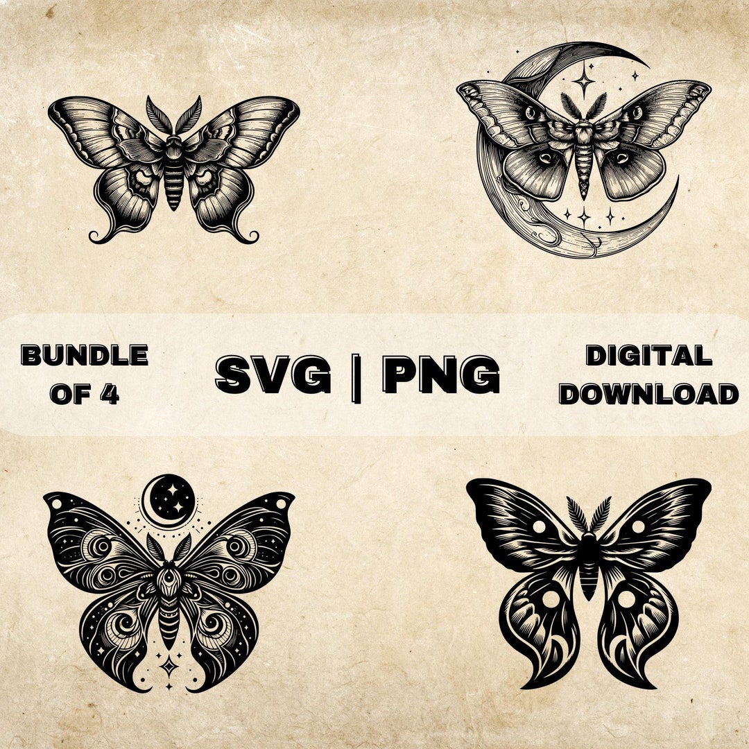Luna Moth SVG Bundle, Moth Clipart, Hand Drawn Celestial Moon Gothic ...