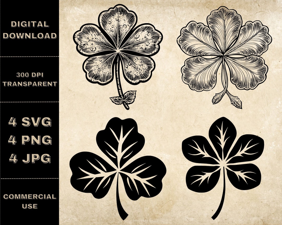 Clover SVG Bundle, PNG, Shamrock Clipart, Hand Drawn Clover Vector ...