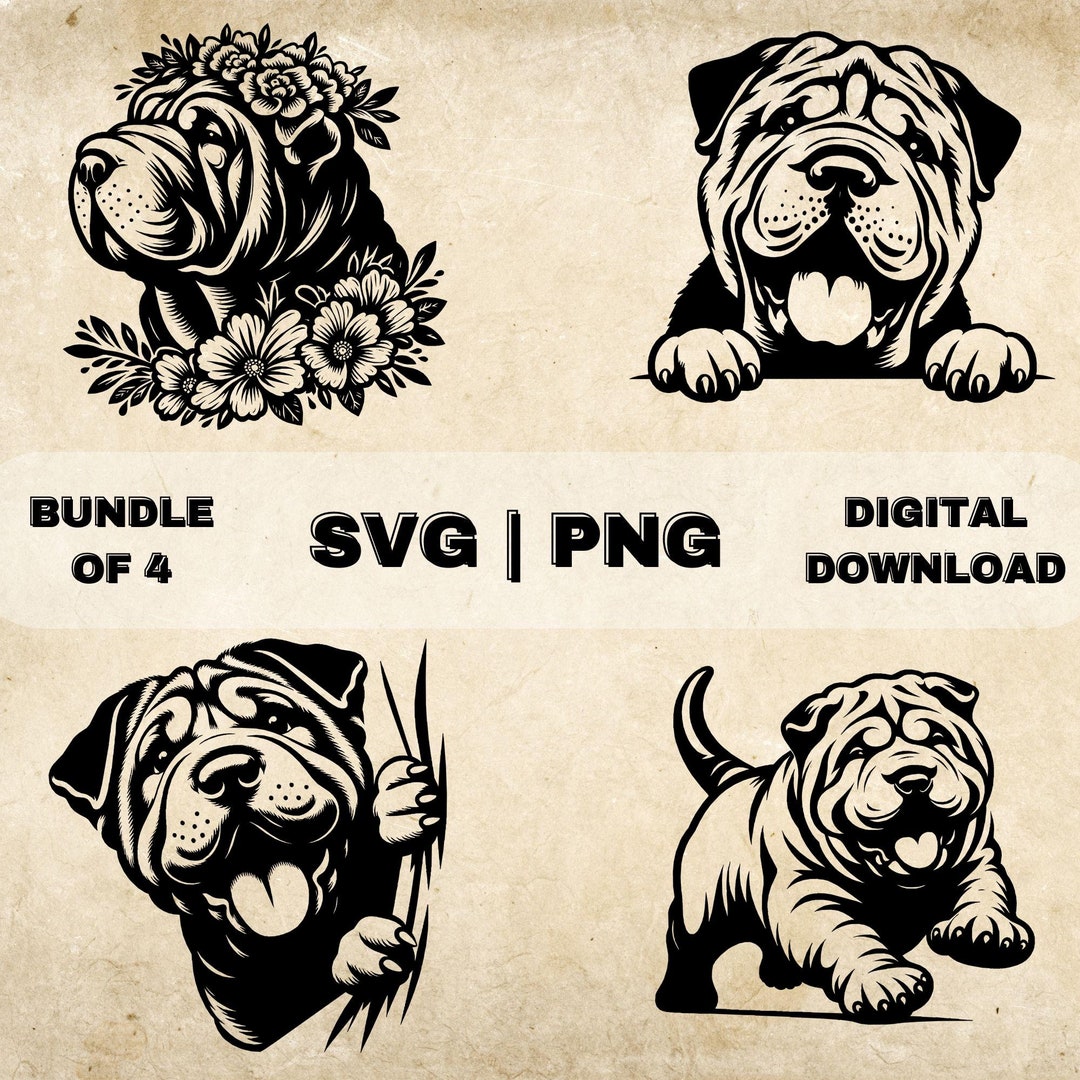 Shar Pei SVG Bundle, Shar Pei Clipart, Hand Drawn Dog Theme Vector ...