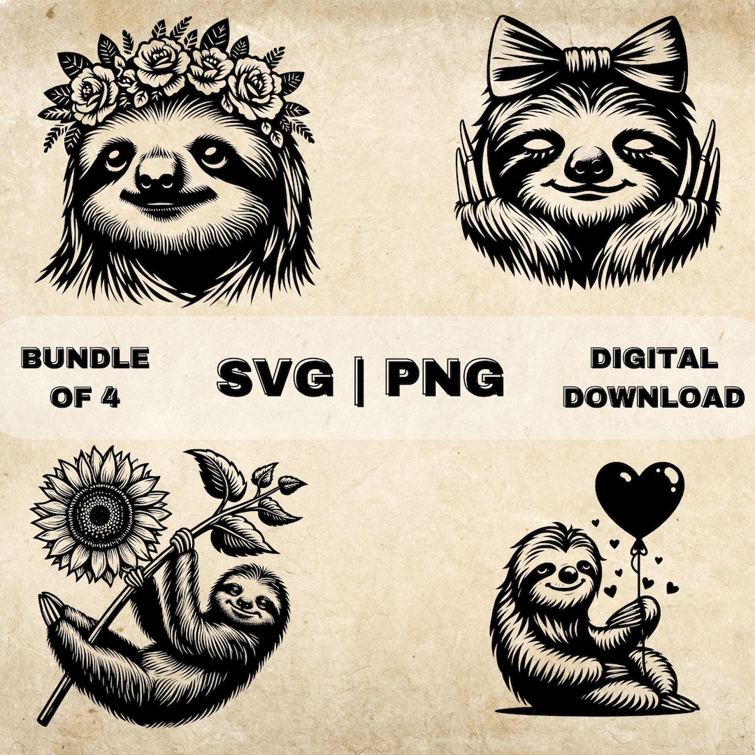 Sloth SVG Bundle, Cute Sloths Clipart, Hand Drawn Sloth Themed Vector ...