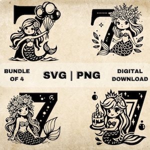 Mermaid 7th Birthday SVG Bundle, Seventh Birthday Clipart, Hand Drawn ...