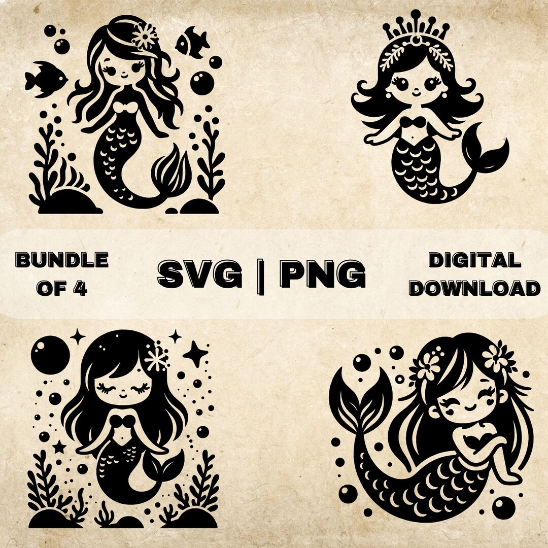 Cute Mermaid SVG Bundle, Mermaid Clipart, Hand Drawn Mermaids Theme ...