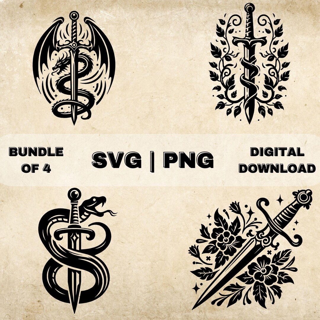 Fantasy Sword SVG Bundle, Sword With Flowers Clipart, Hand Drawn Sword ...