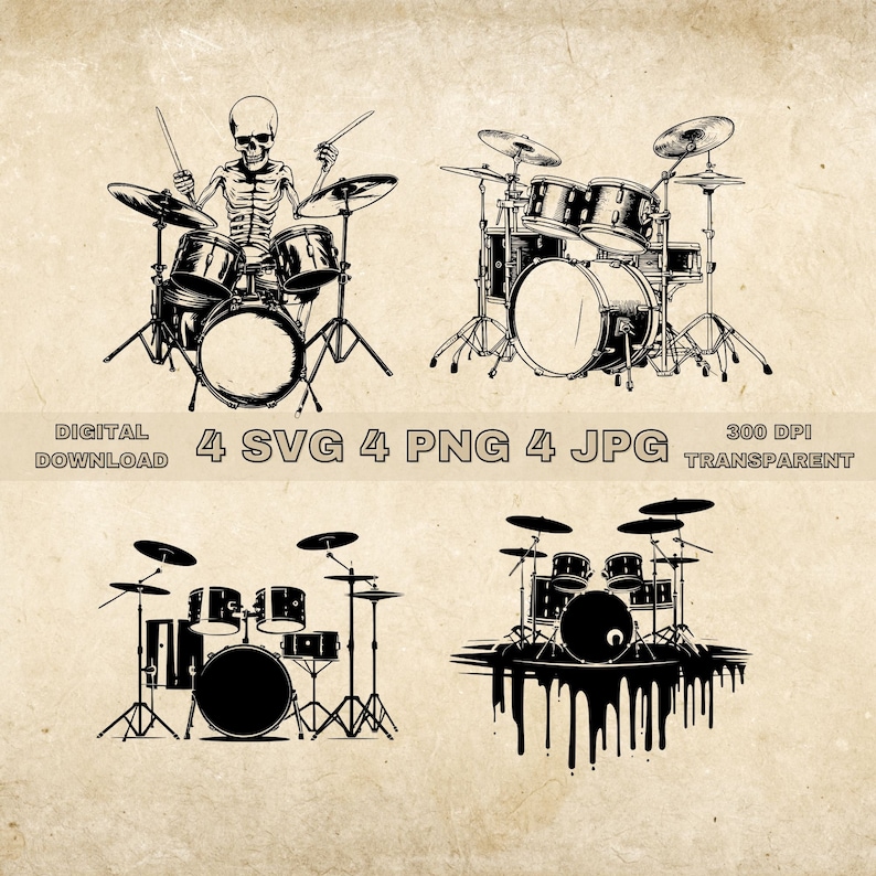 Drum Set Svg Bundle, PNG, Drummer Clipart, Hand Drawn Drums Vector ...