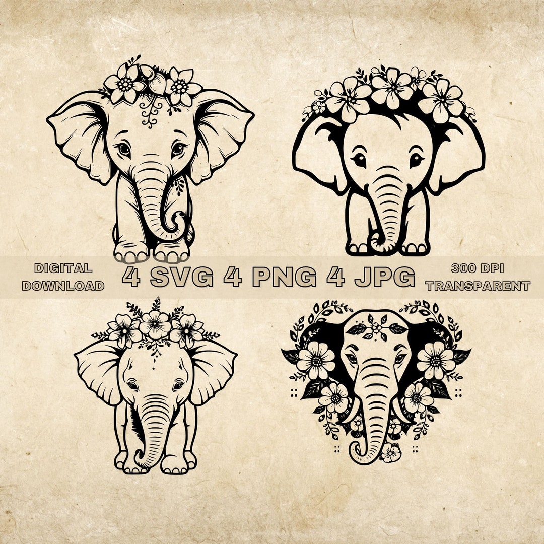 Cute Elephant SVG Bundle, PNG, Baby Elephant Clipart, Hand Drawn Floral ...