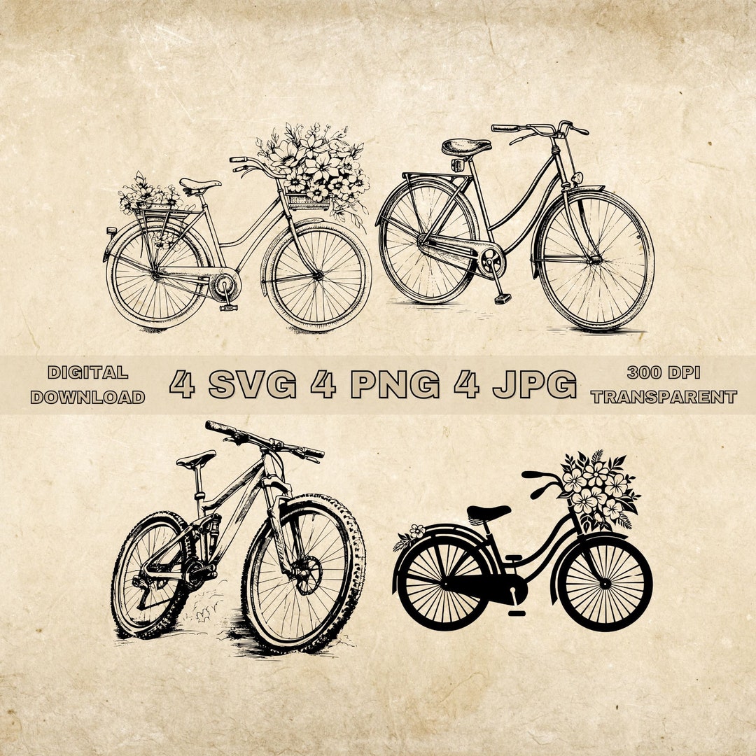 Bicycle SVG Bundle, PNG, Floral Bicycle Clipart, Hand Drawn Bike Vector ...