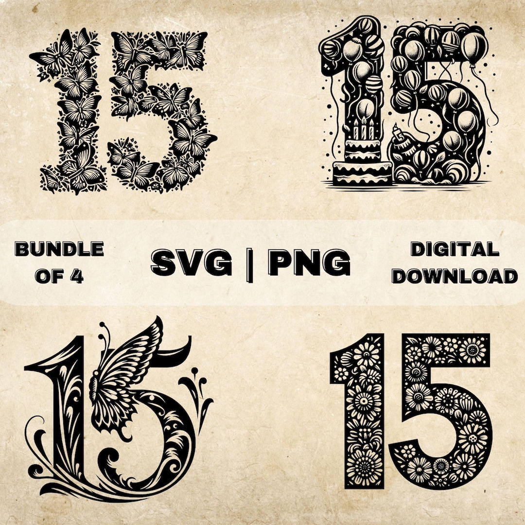 Number 15 SVG Bundle, 15th Birthday Clipart, Hand Drawn Fifteenth ...