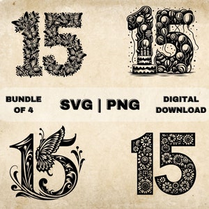 Number 15 SVG Bundle, 15th Birthday Clipart, Hand Drawn Fifteenth ...