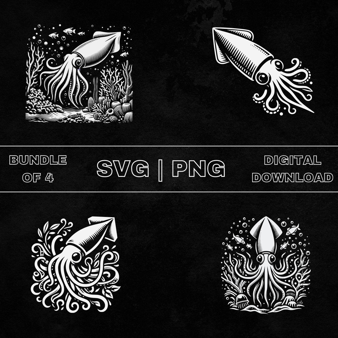 Squid SVG Bundle, Squid Clipart, Hand Drawn Ocean Animal Theme Vector ...