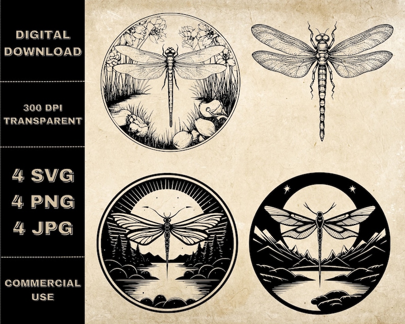 Dragonfly SVG Bundle, PNG, Dragonflies Clipart, Hand Drawn Dragonfly ...