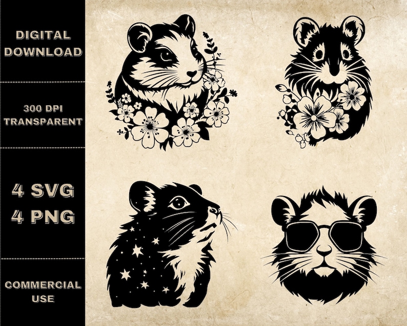 Hamster SVG Bundle, PNG, Cute Hamster Clipart, Hand Drawn Floral ...