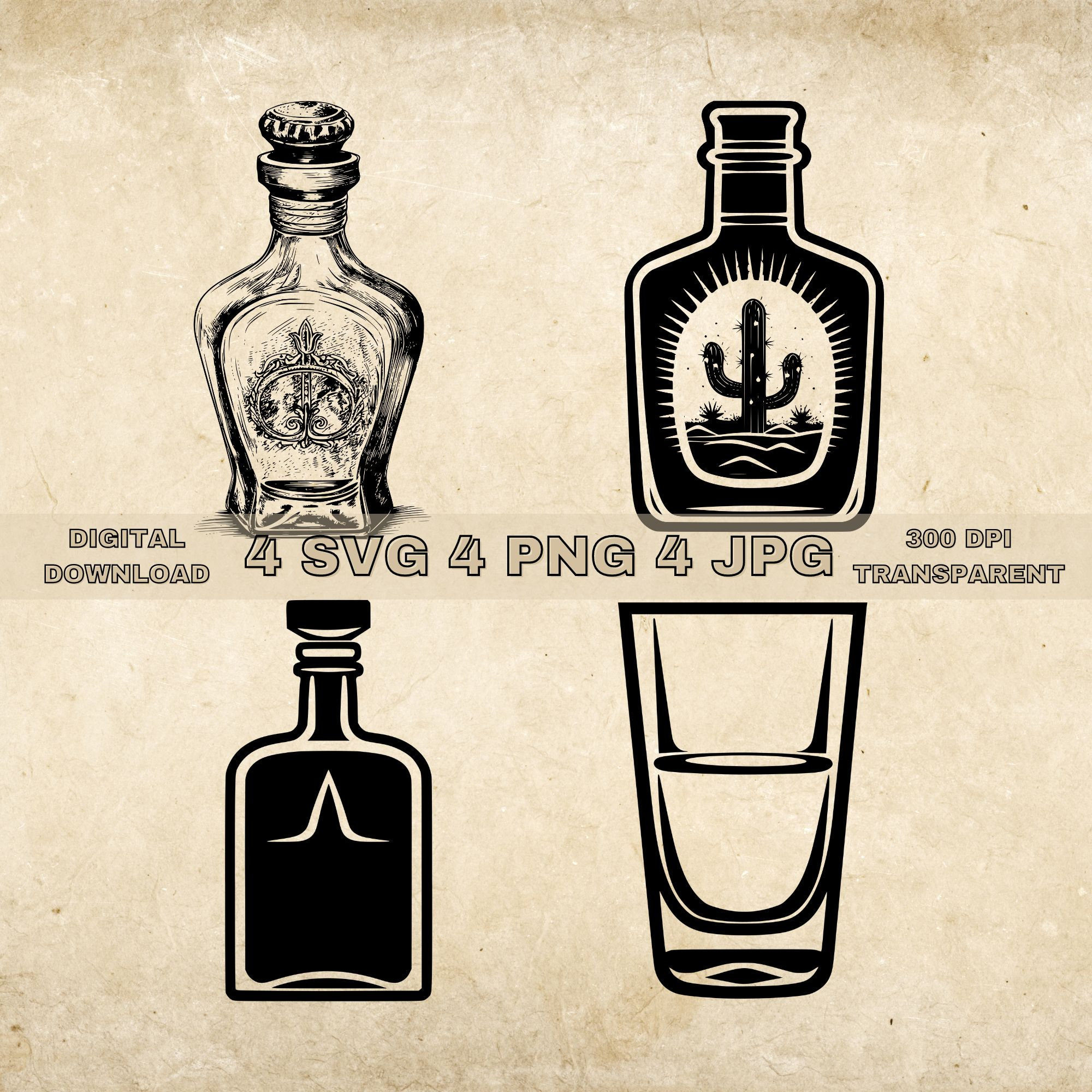 Tequila SVG Bundle, PNG, Tequila Clipart, Hand Drawn Tequila Bottle and ...
