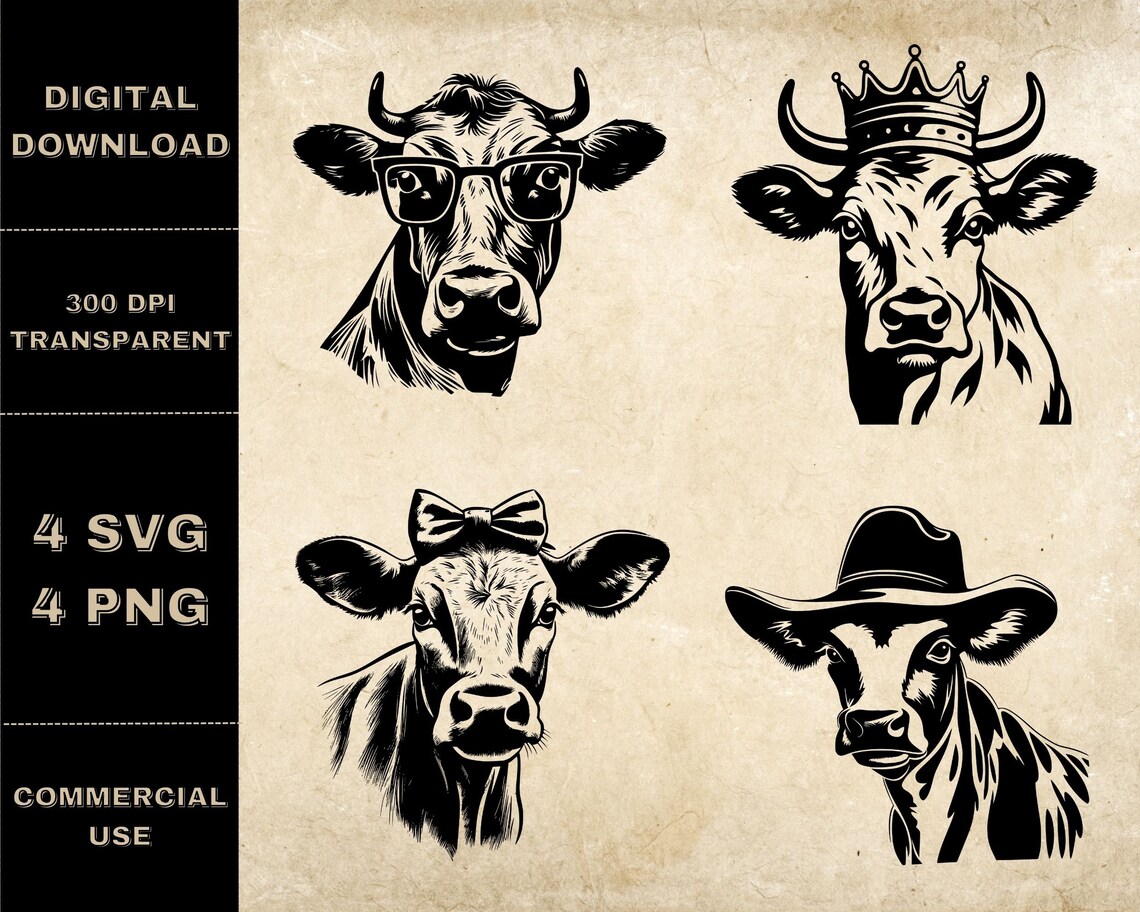 Cute Cow SVG Bundle PNG Funny Cow Clipart Hand Drawn Cows - Etsy