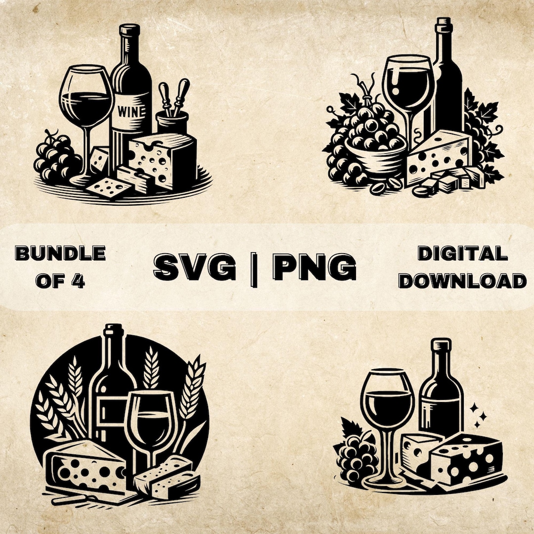 Wine and Cheese SVG Bundle, Wine With Glass Clipart, Hand Drawn Wine Lover Themed Vector ...