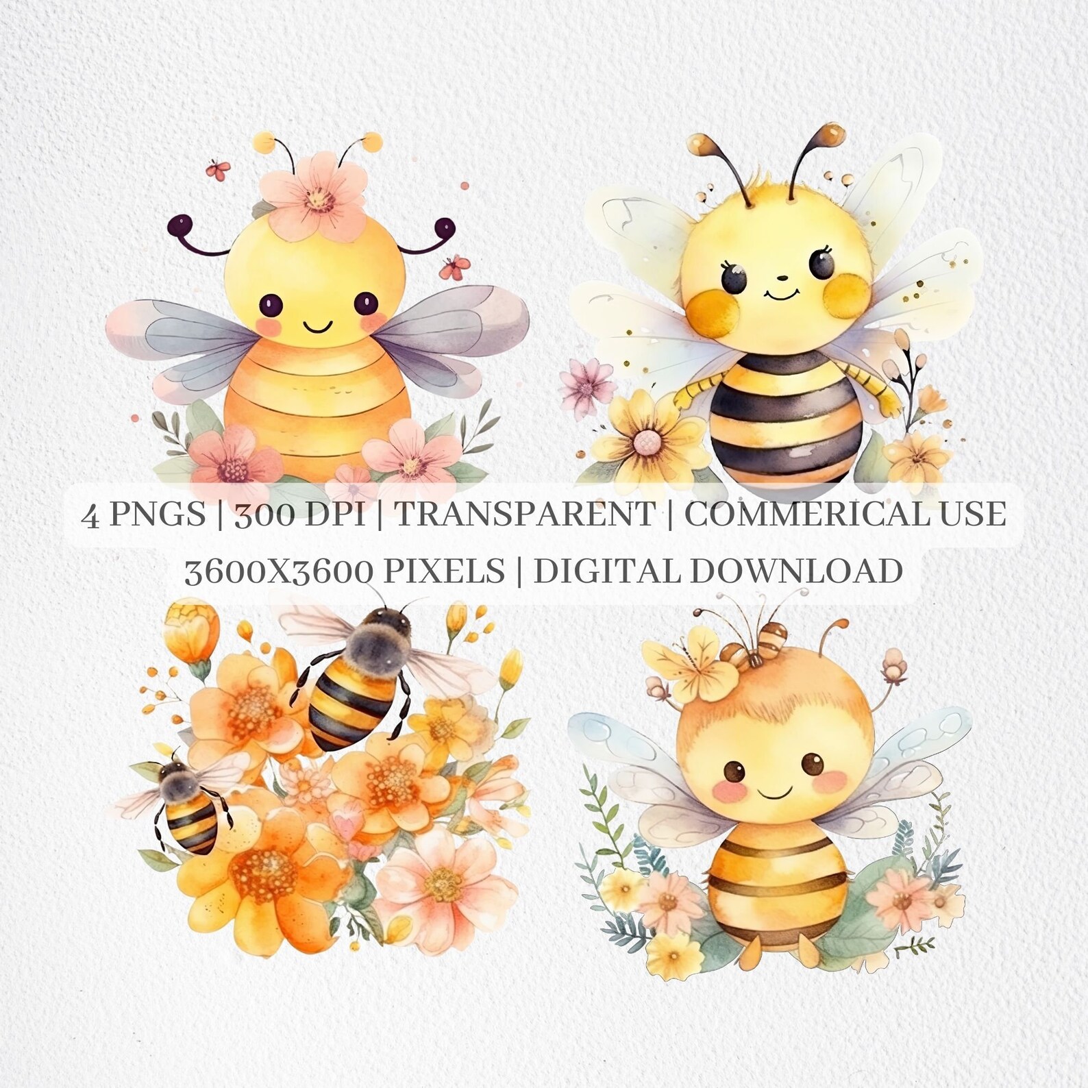 Cute Bee Clipart, Watercolor Bees PNG Files, Bee Clip Art, Nursery ...