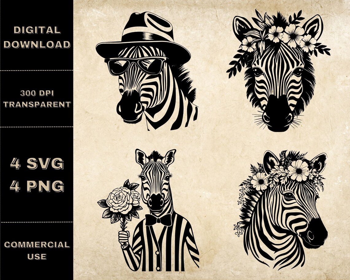 Zebra SVG Bundle PNG Cute Zebra Clipart Hand Drawn Floral - Etsy