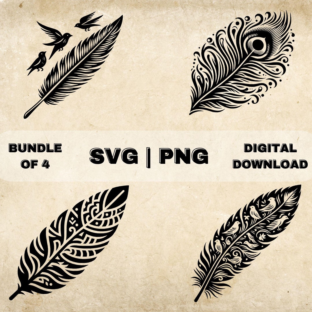 Feather With Birds SVG Bundle, Feather Clipart, Hand Drawn Peacock ...
