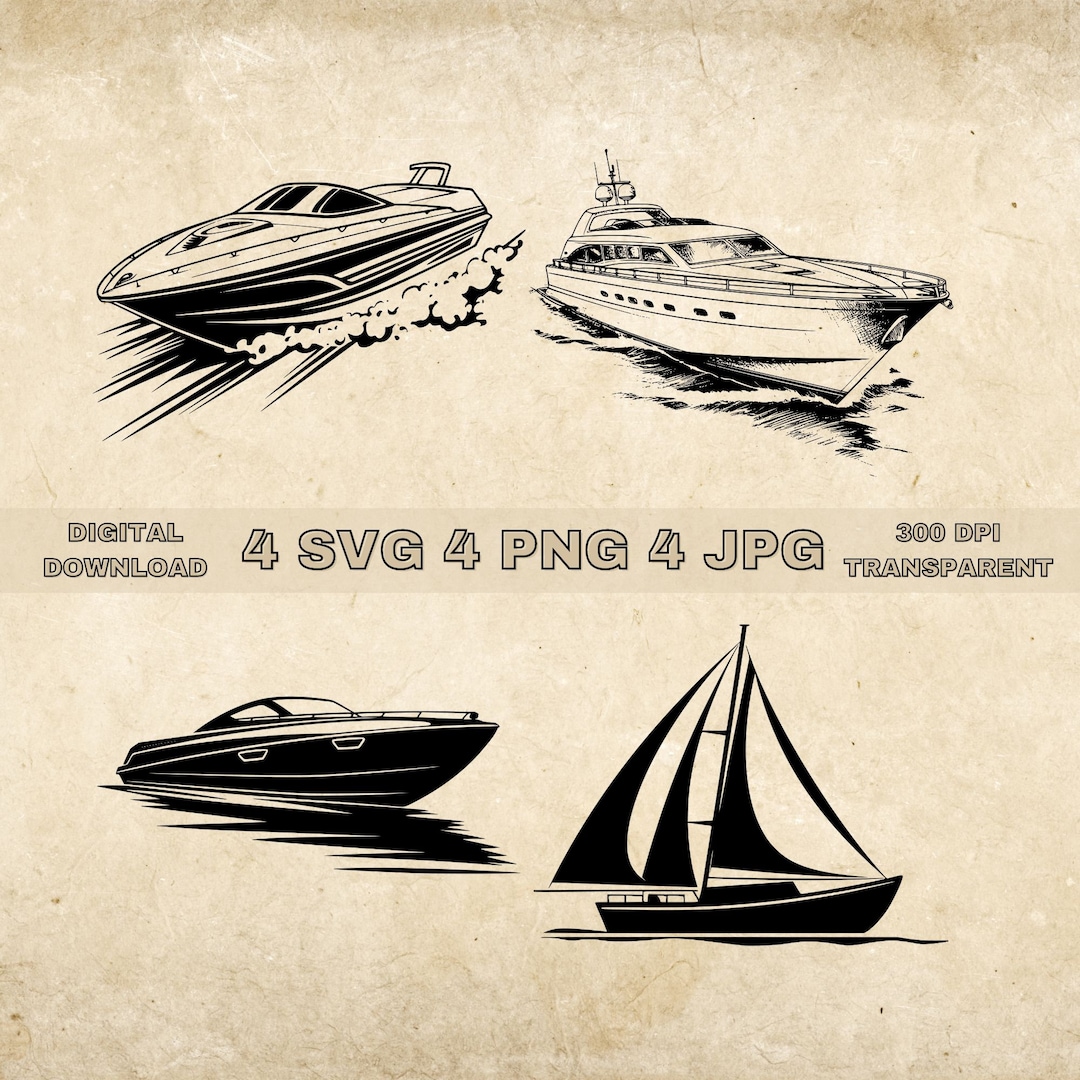 Boat SVG Bundle, PNG, Speed Boat and Yacht Clipart, Hand Drawn Boats ...