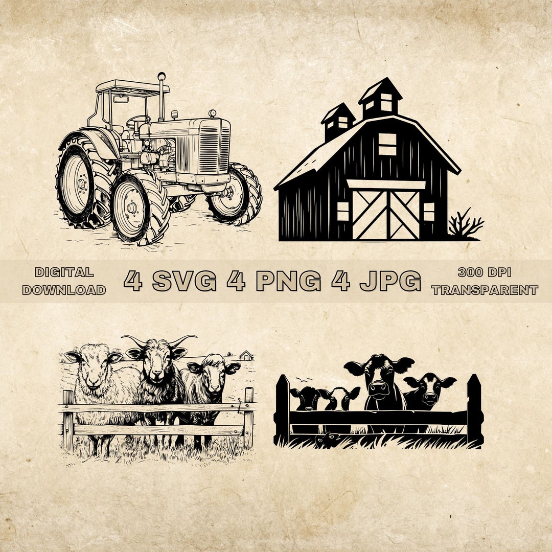 Farm SVG Bundle, PNG, Farm Animals Clipart, Hand Drawn Tractor and Barn ...