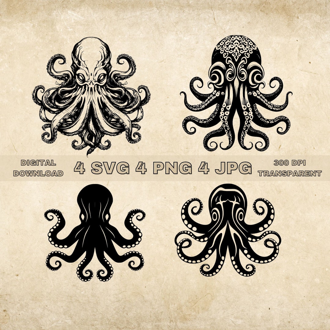 Octopus SVG Bundle, PNG, Sea Animal Clipart, Hand Drawn Octopus Vector ...