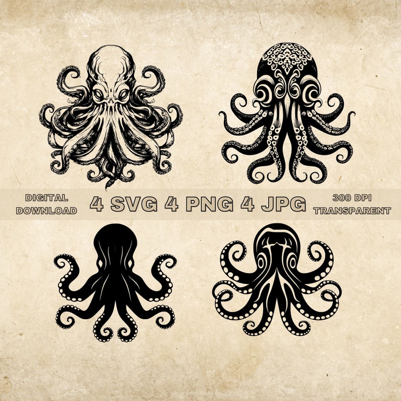 Octopus SVG Bundle PNG Sea Animal Clipart Hand Drawn - Etsy