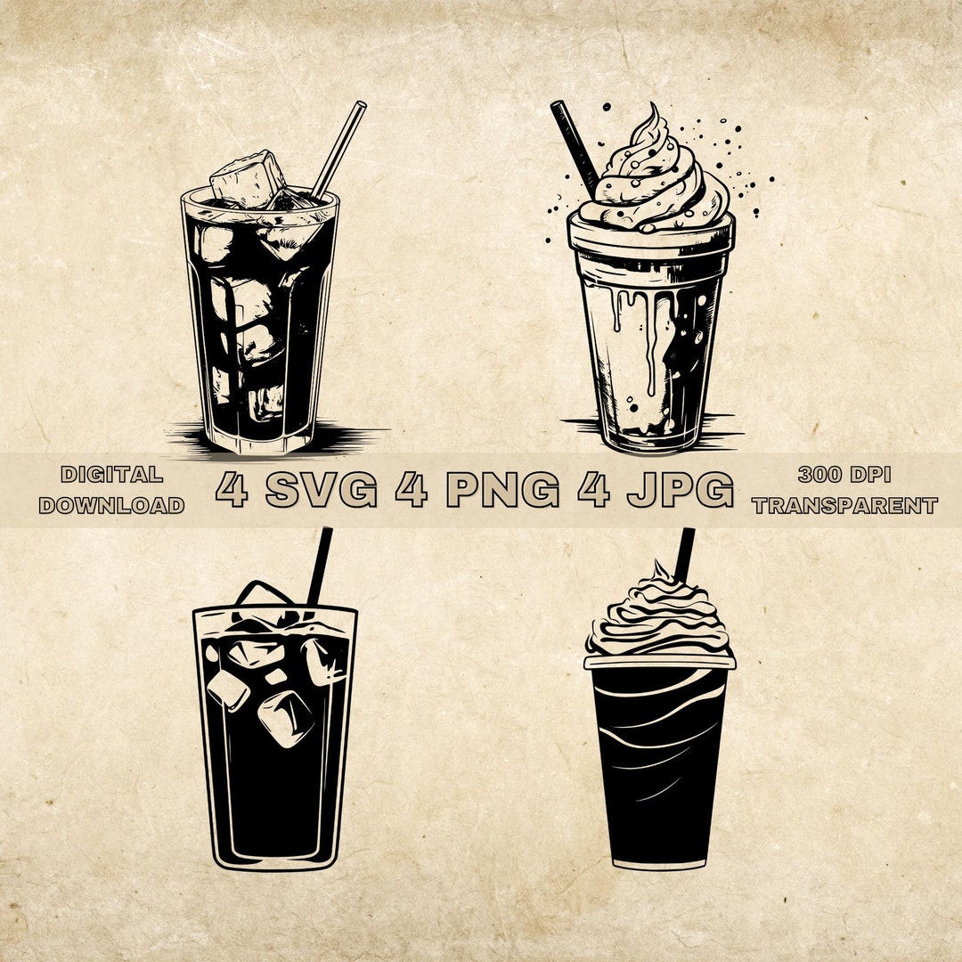 Iced Coffee SVG Bundle, PNG, Ice Coffee Clipart, Hand Drawn Frappuccino ...