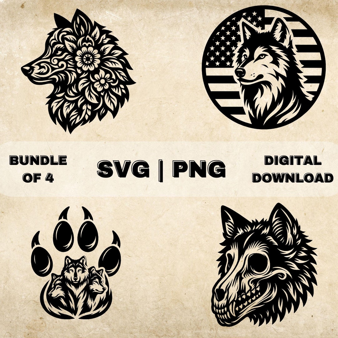 Floral Wolf Skull SVG Bundle, Wolf Paw Print Clipart, Hand Drawn Wolves ...