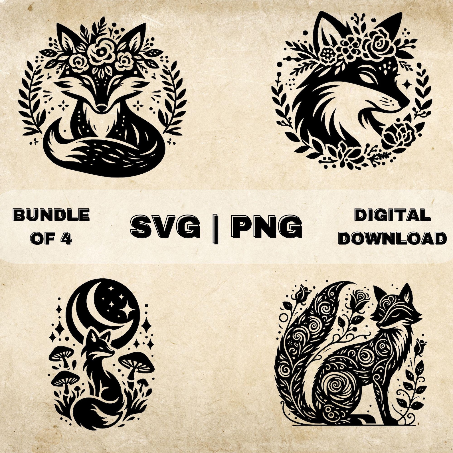 Floral Fox SVG Bundle, Foxes Flower Clipart, Hand Drawn Floral Animal ...