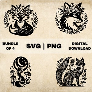 Floral Fox SVG Bundle, Foxes Flower Clipart, Hand Drawn Floral Animal ...