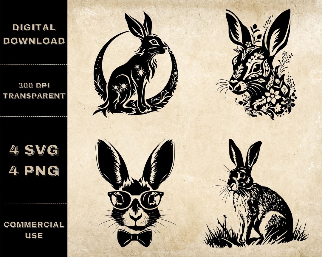 Hare SVG Bundle, PNG, Floral Rabbit Clipart, Hand Drawn Bunny Vector ...