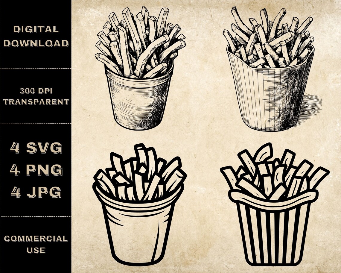 French Fries SVG Bundle PNG Fast Food Clipart Hand Drawn - Etsy