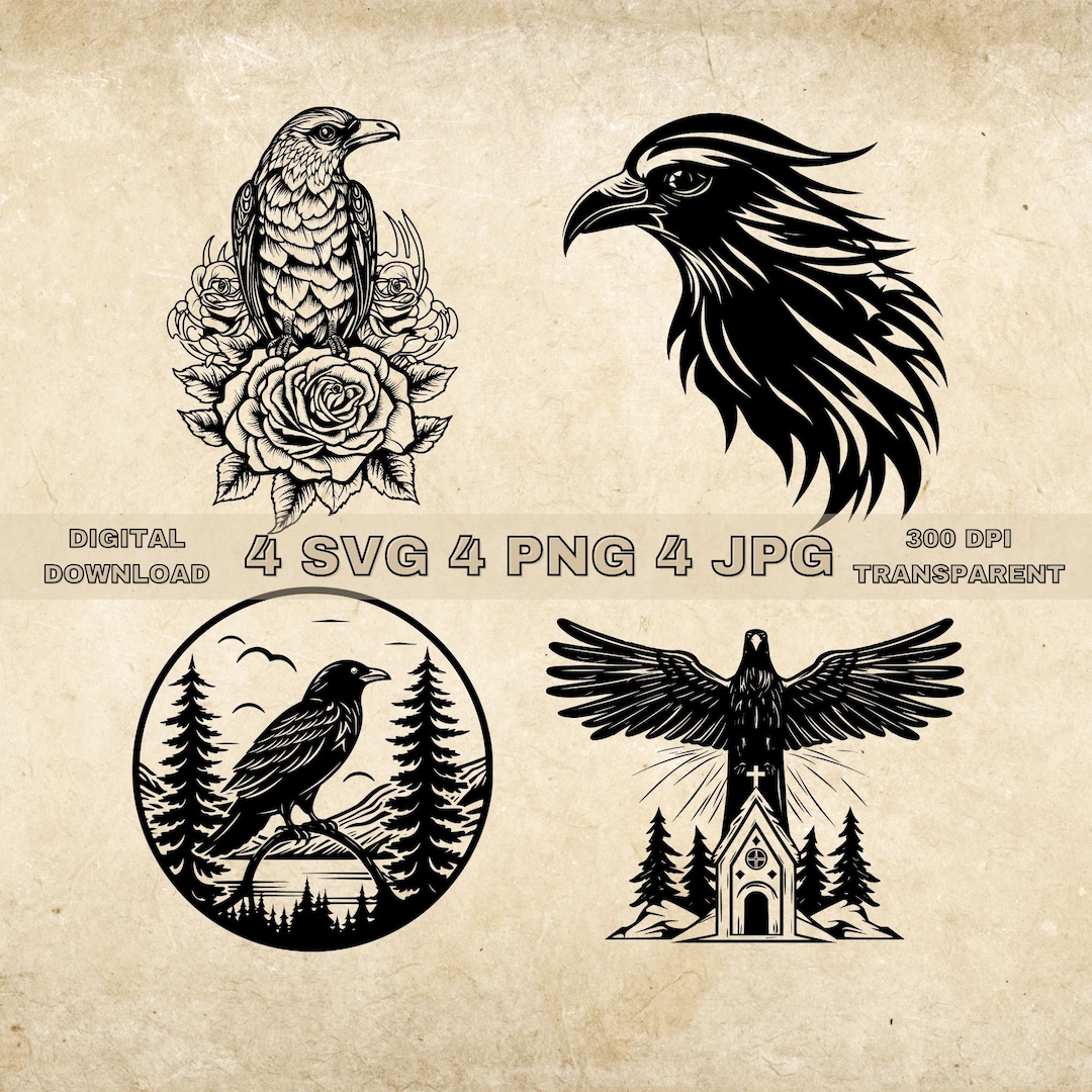 Raven SVG Bundle, PNG, Raven Clipart, Hand Drawn Crow Vector ...