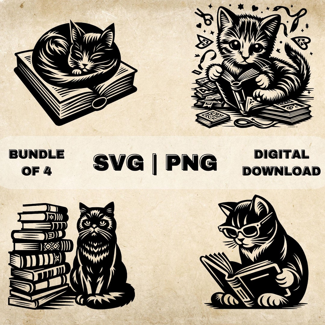 Book Loving Cat SVG Bundle, PNG, Cat Reading Clipart, Hand Drawn Cats ...